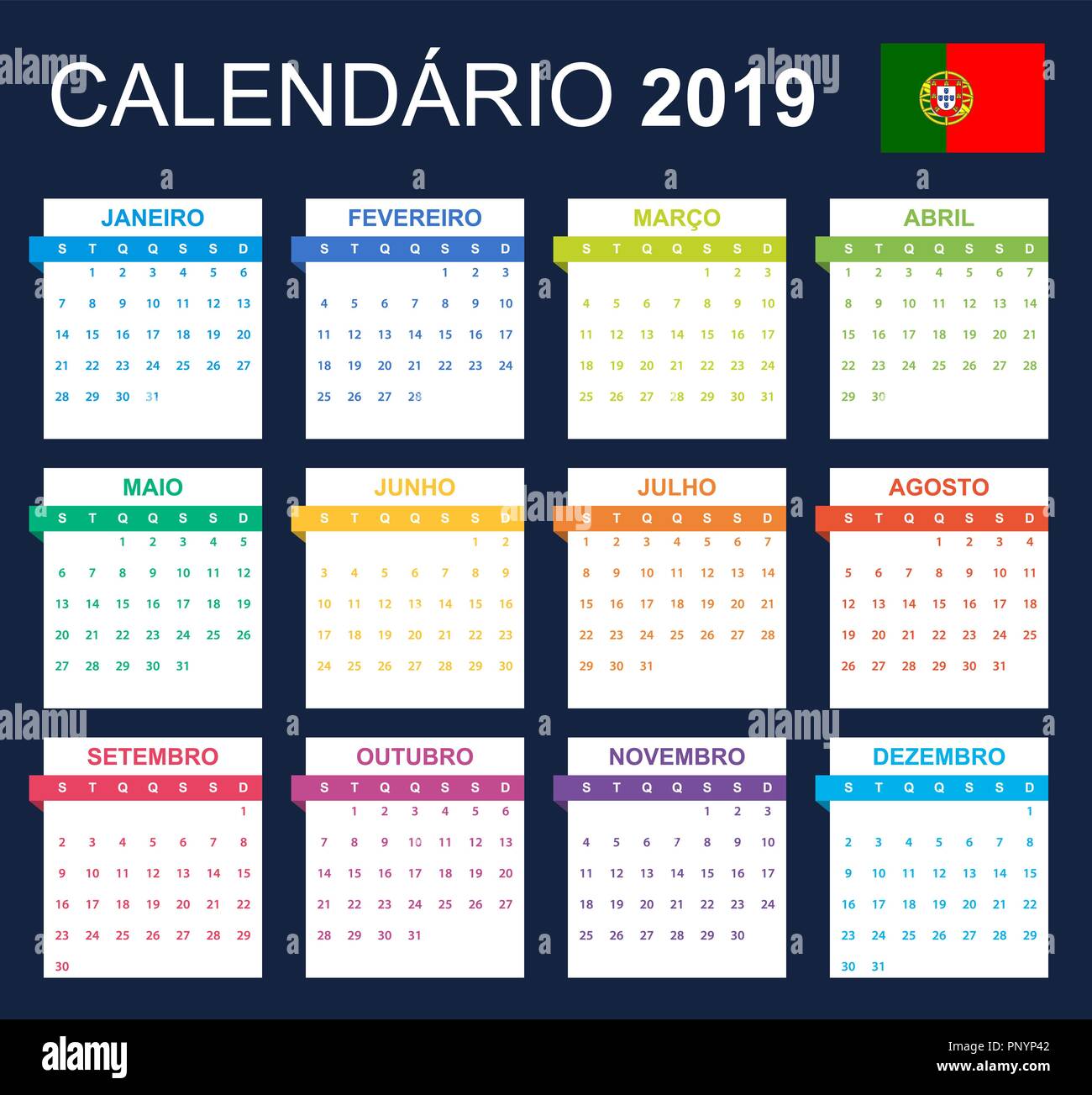 Portuguese Calendar for 2019. Scheduler, agenda or diary template. Week ...