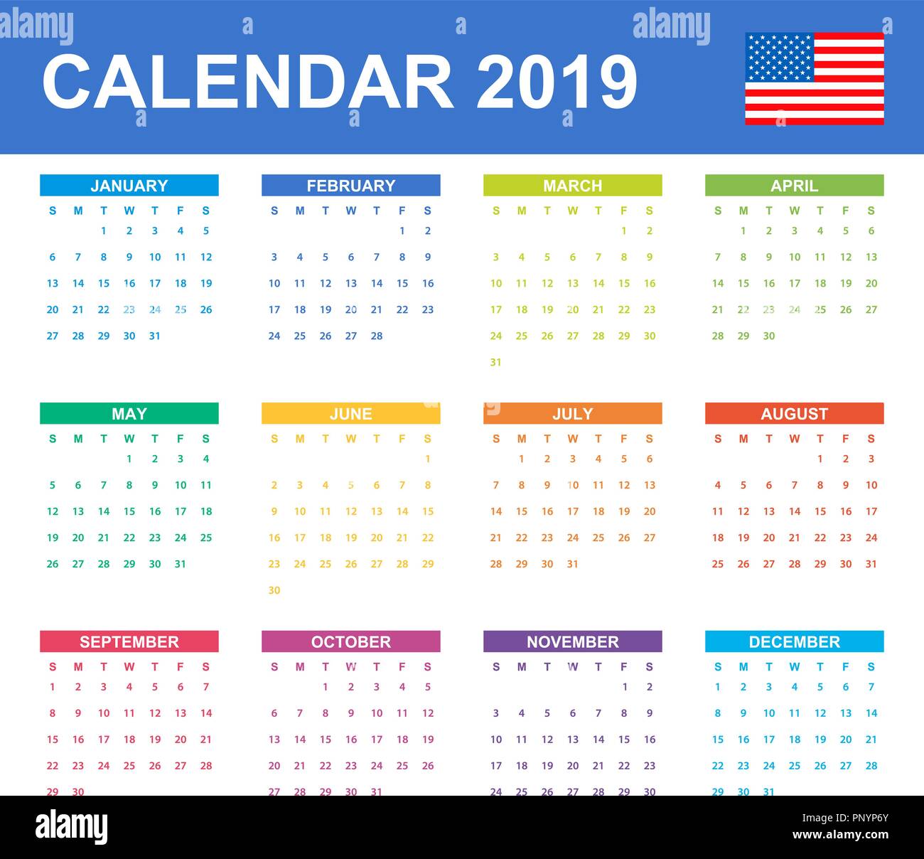 USA Calendar for 2019. Scheduler, agenda or diary template. Week starts ...