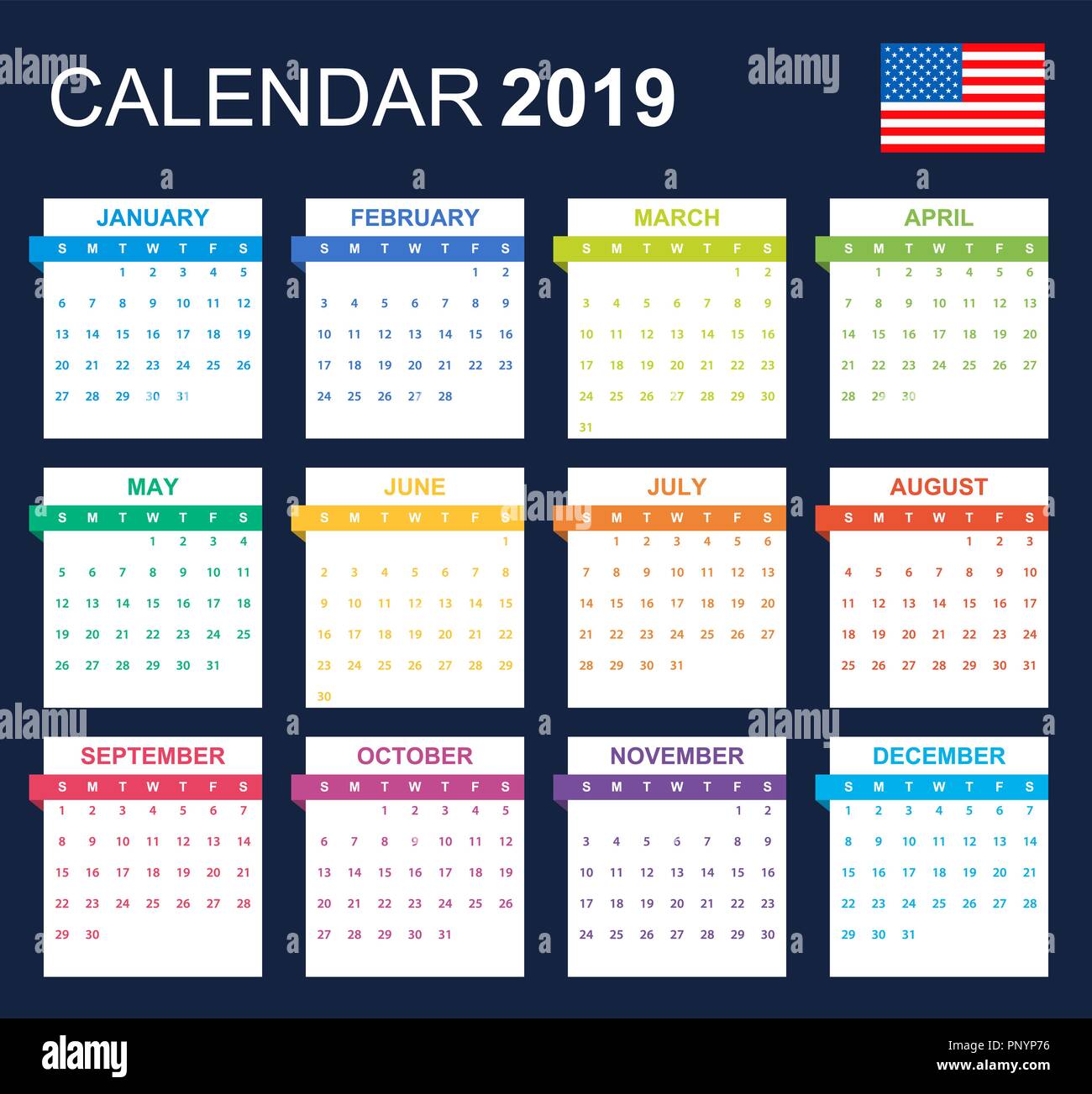 USA Calendar for 2019. Scheduler, agenda or diary template. Week starts ...