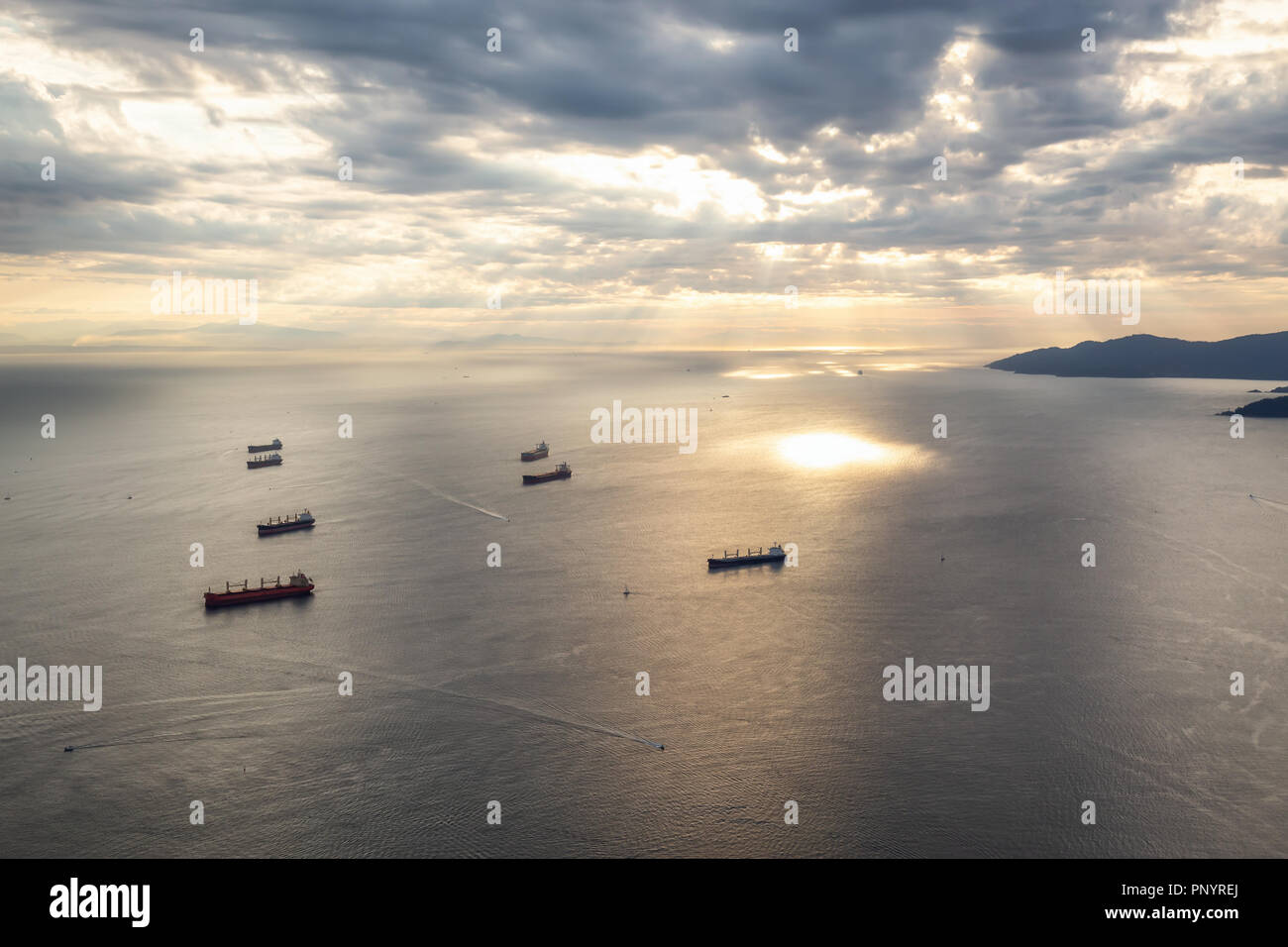Aerial view of the ships in Burrard Inlet during a vibrant summer ...