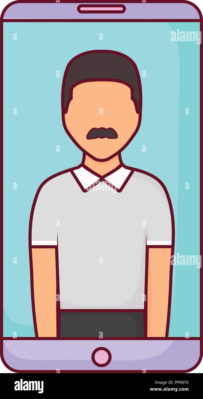 cellphone with avatar man on screen over white background, colorful ...