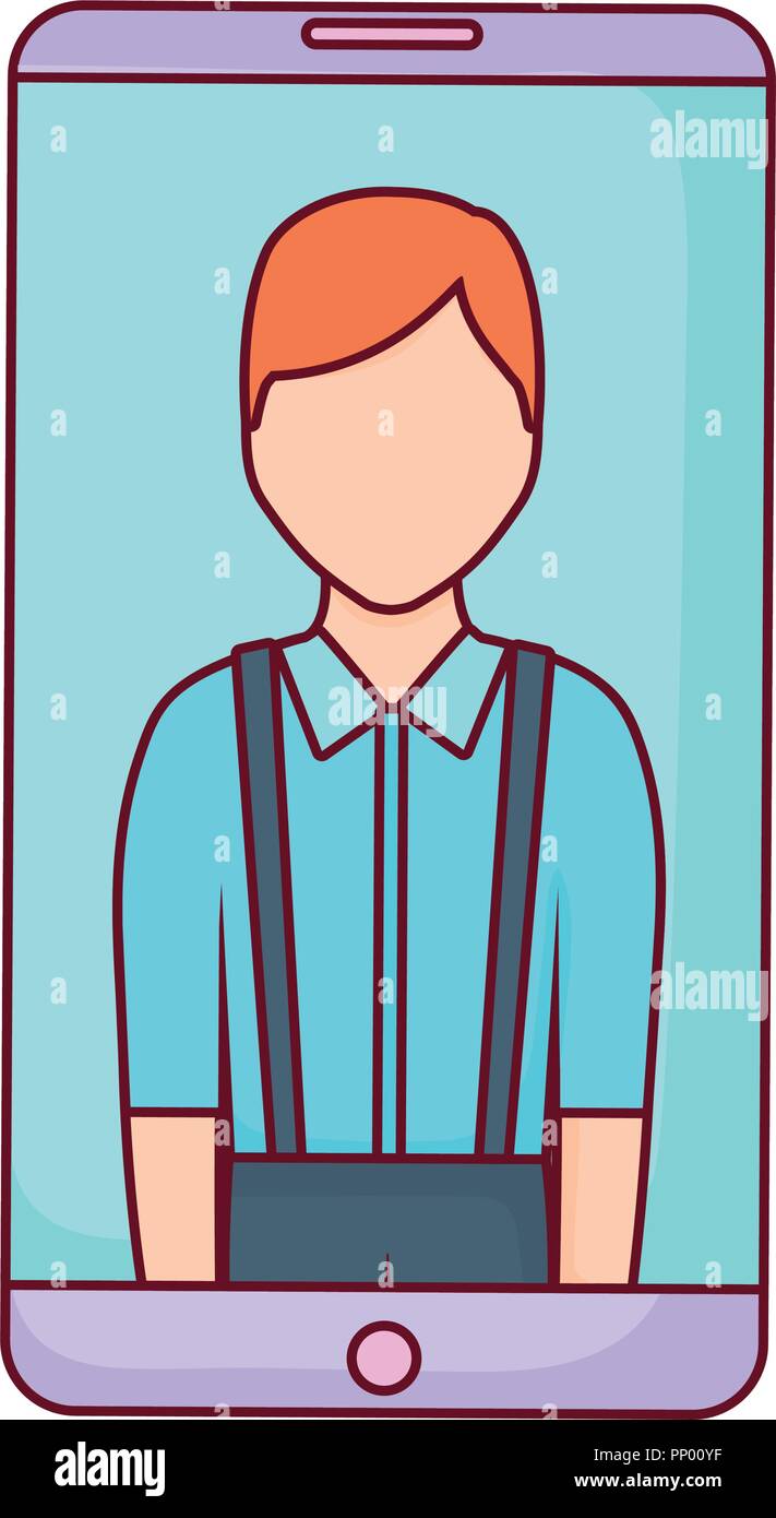 cellphone with avatar man on screen over white background, colorful ...