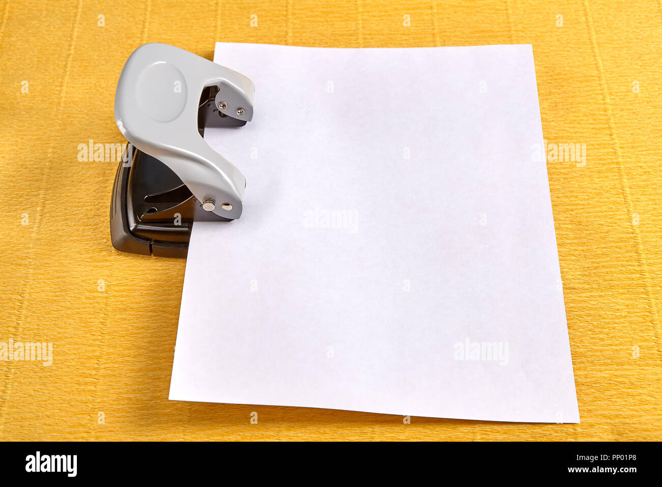 Steel office hole puncher is punctured by blank sheet of paper, yellow ...