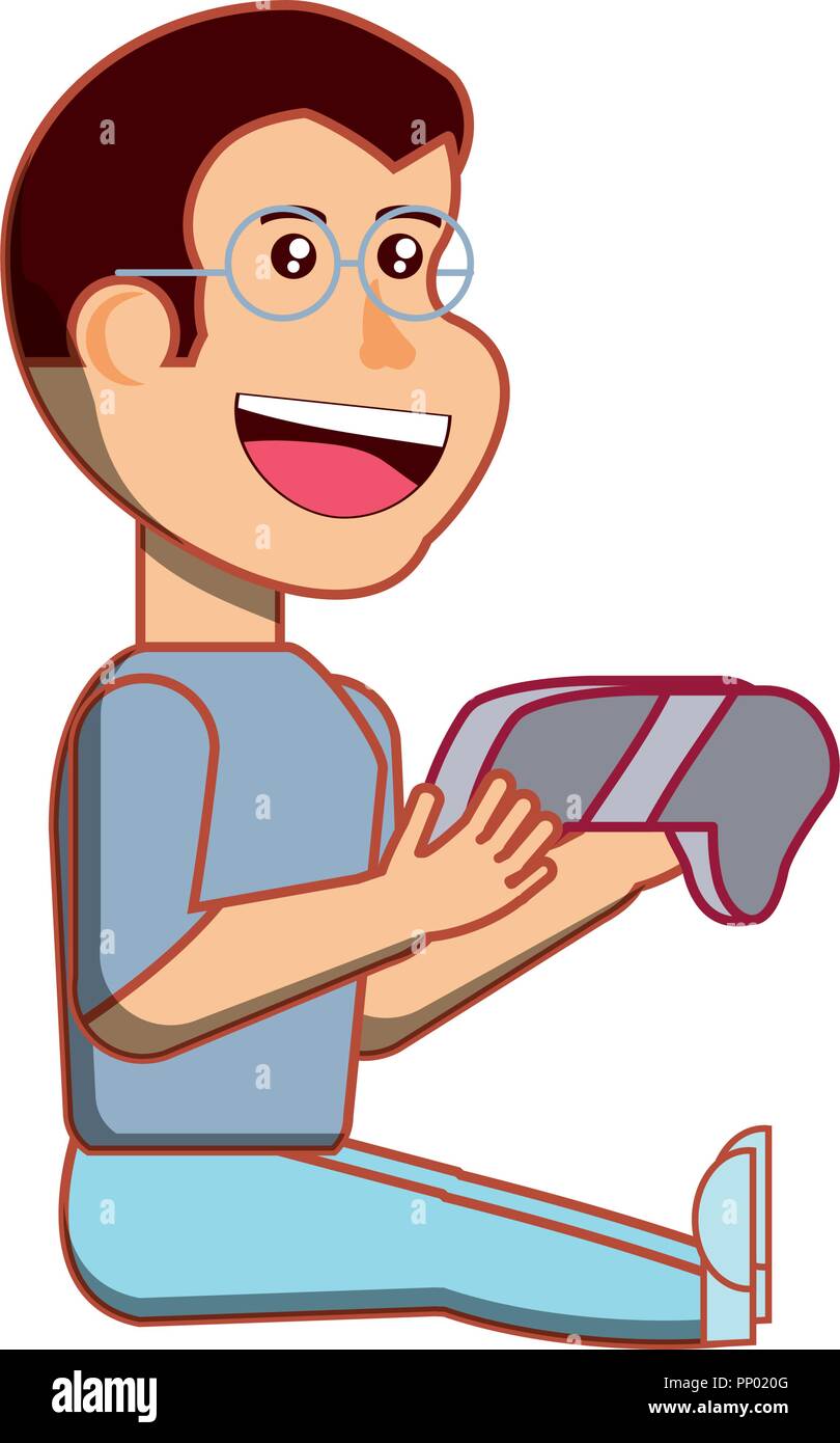 cartoon boy with gaming controller over white background, vector ...