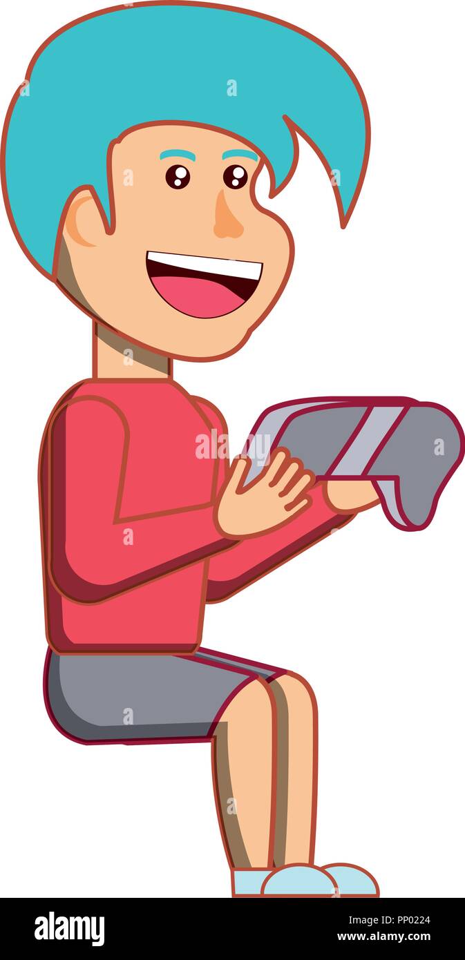 cartoon boy with gaming controller over white background, vector ...