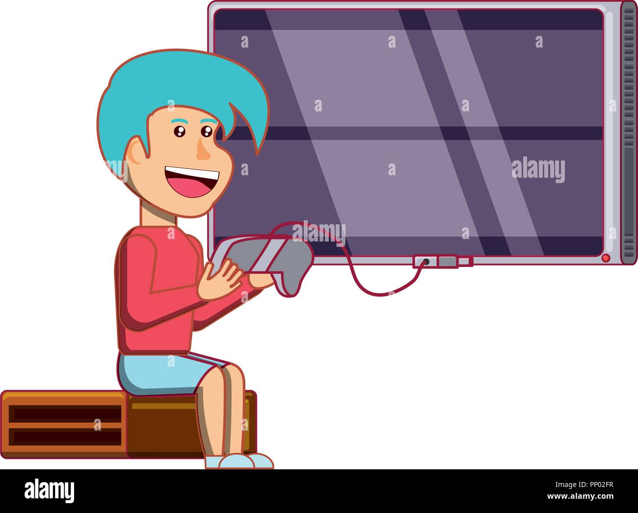 cartoon boy playing videogames on television over white background ...