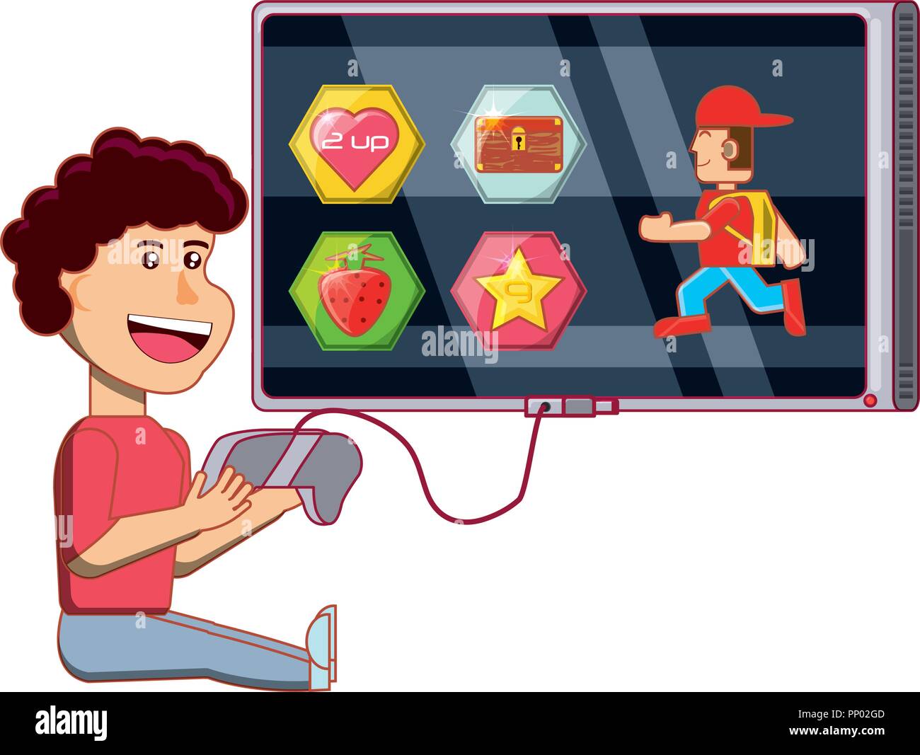 cartoon woman playing videogames on television over white background ...