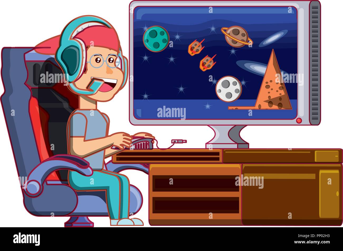 cartoon boy playing videogames on television over white background ...