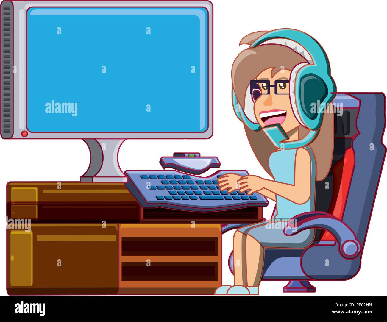 cartoon woman playing videogames on computer over white background ...