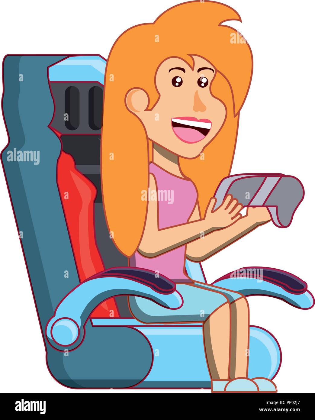 cartoon girl playing videogames and sitting on gaming chair over white ...