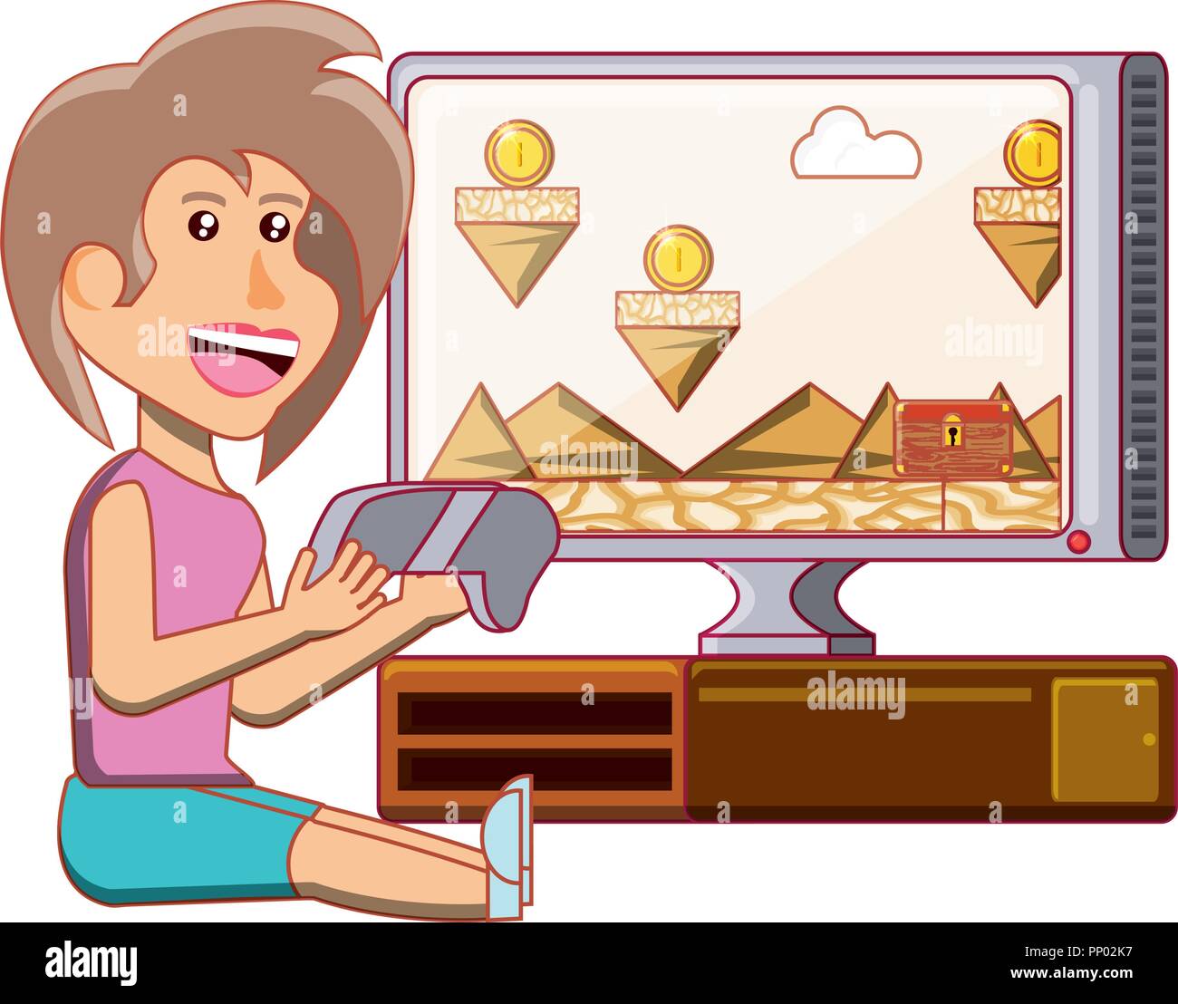 cartoon woman playing videogames on television over white background ...