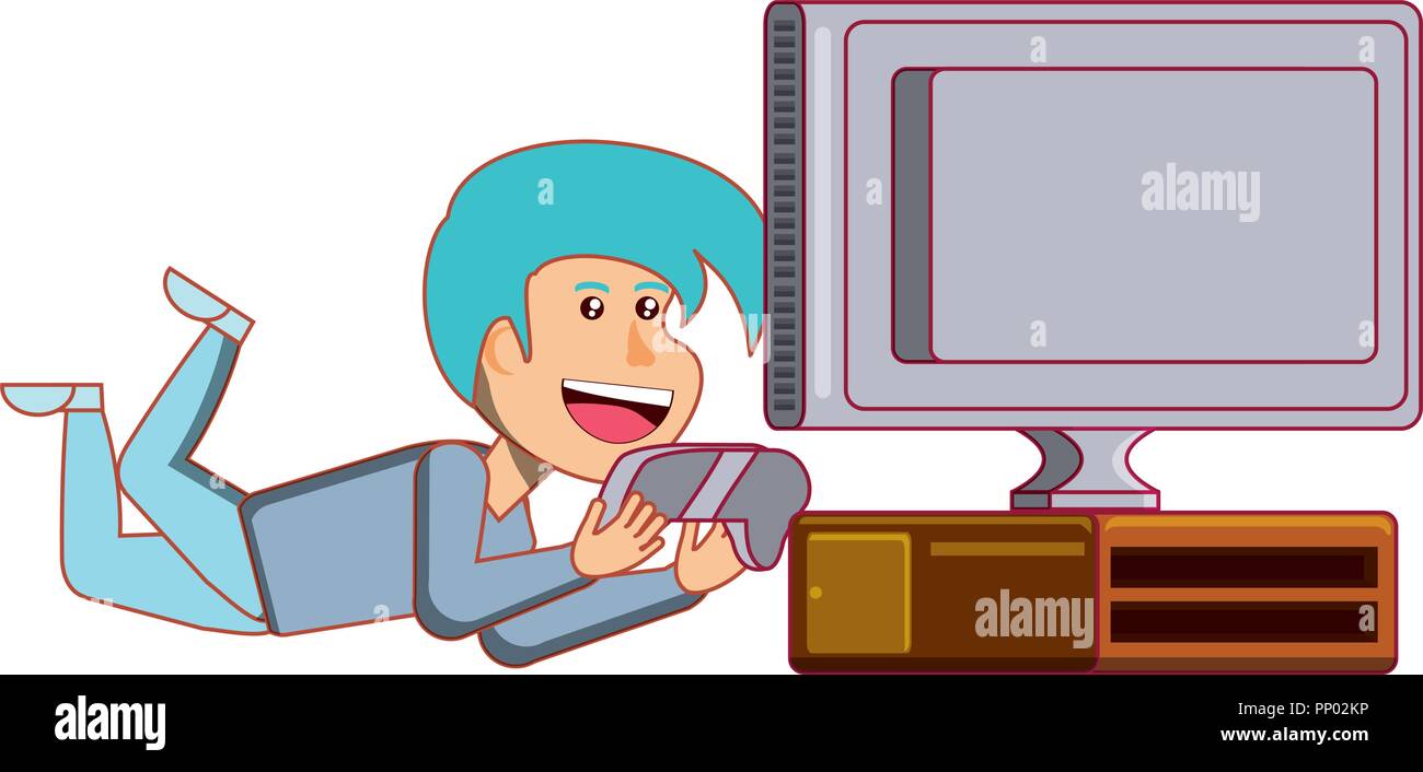 cartoon boy playing videogames on television over white background ...