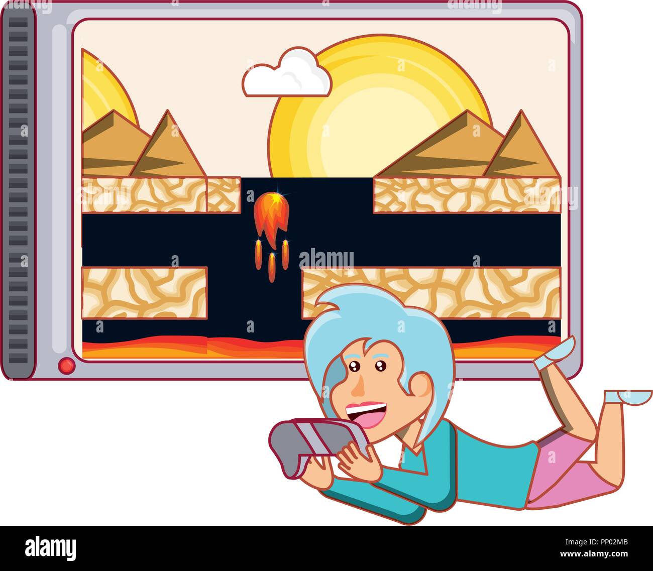 cartoon woman playing videogames on television over white background ...