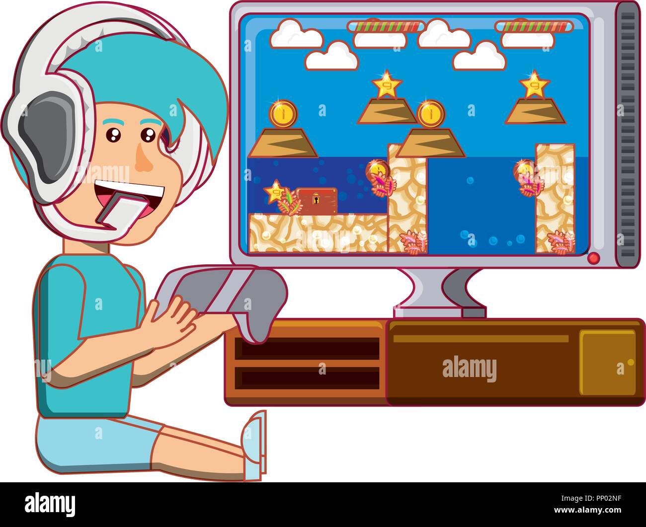 cartoon woman playing videogames on television over white background ...
