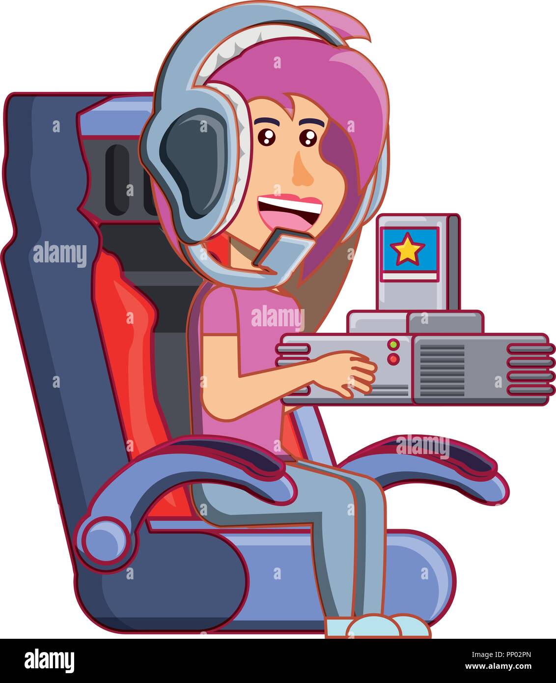 cartoon girl with videogame console and sitting on gaming chair over ...