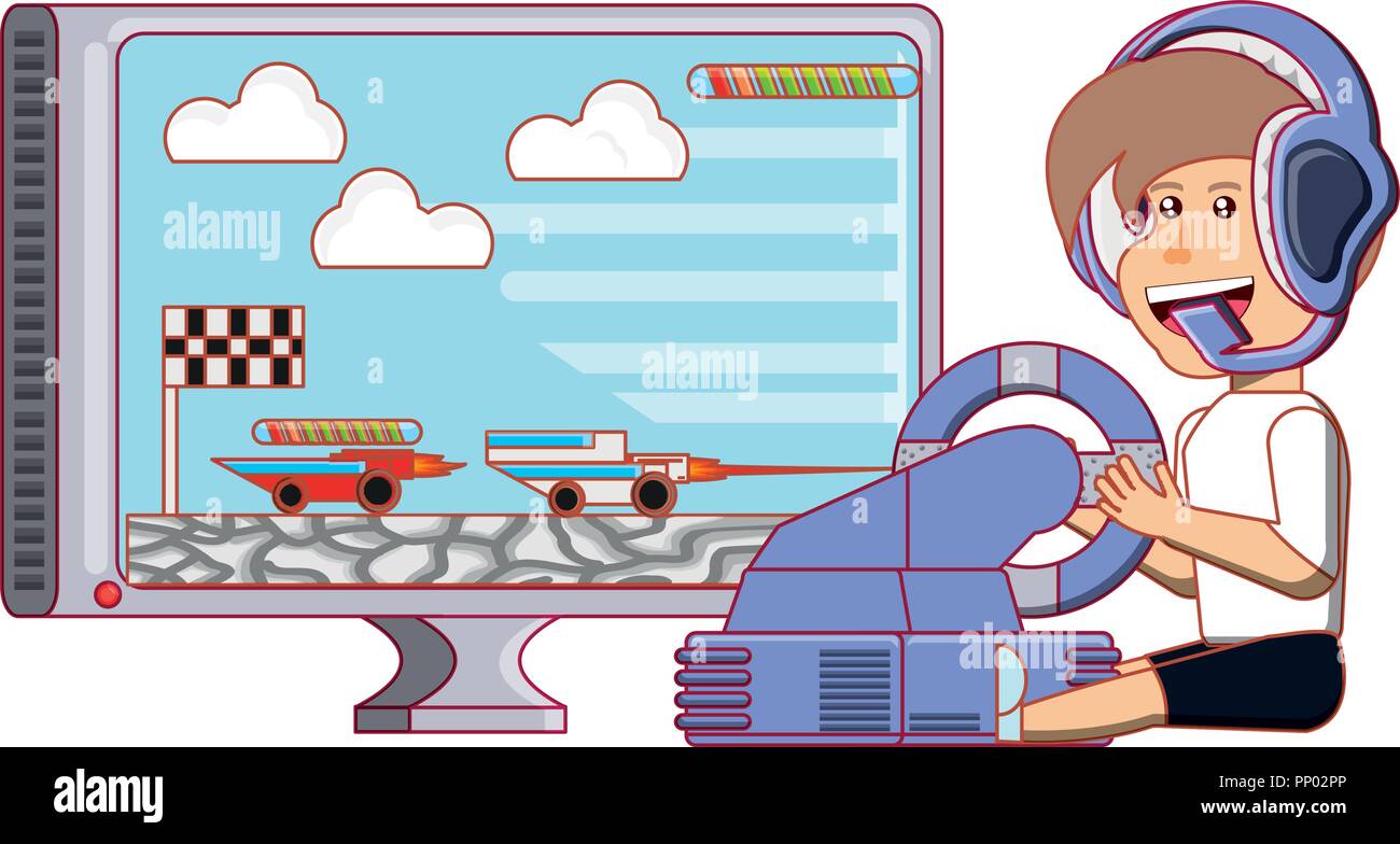 cartoon boy playing videogames on television over white background ...