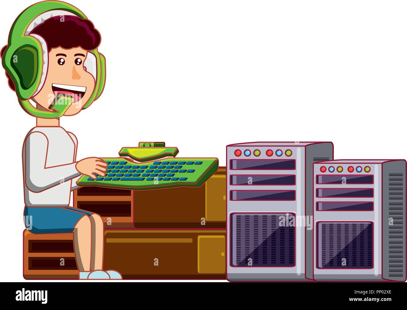 cartoon boy playing videogame with keyboard and headset over white ...