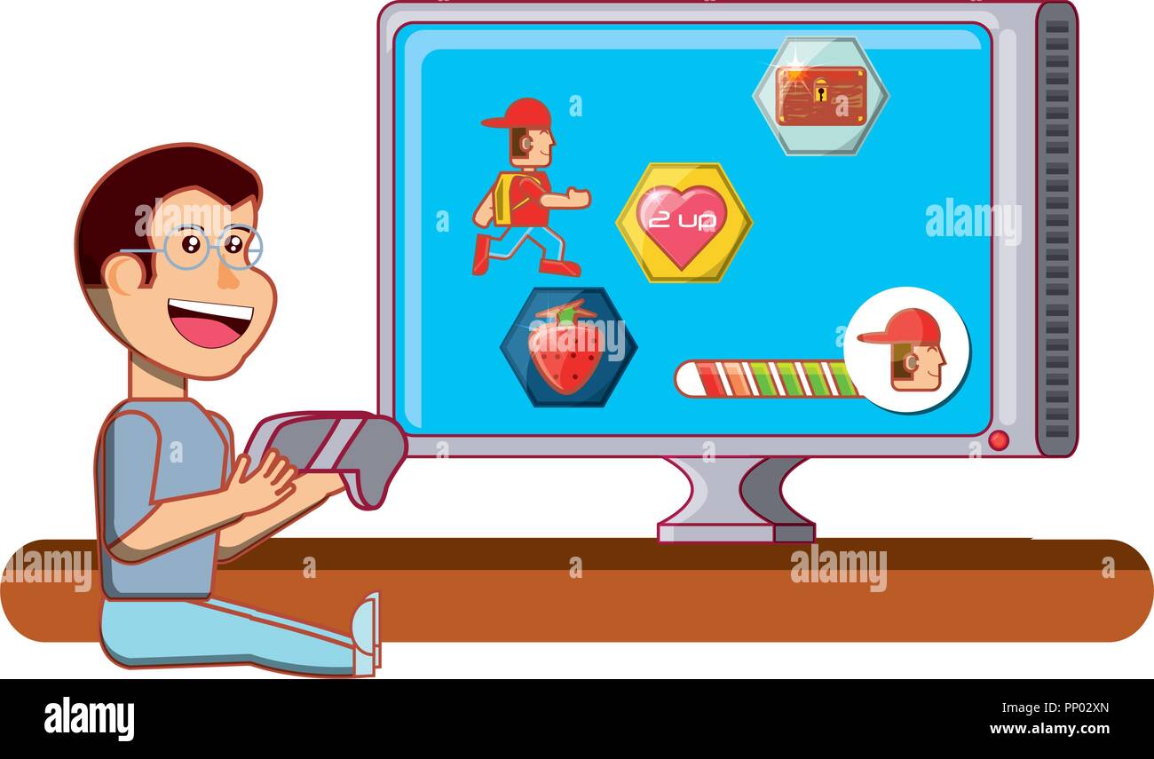 cartoon boy playing videogames on television over white background ...