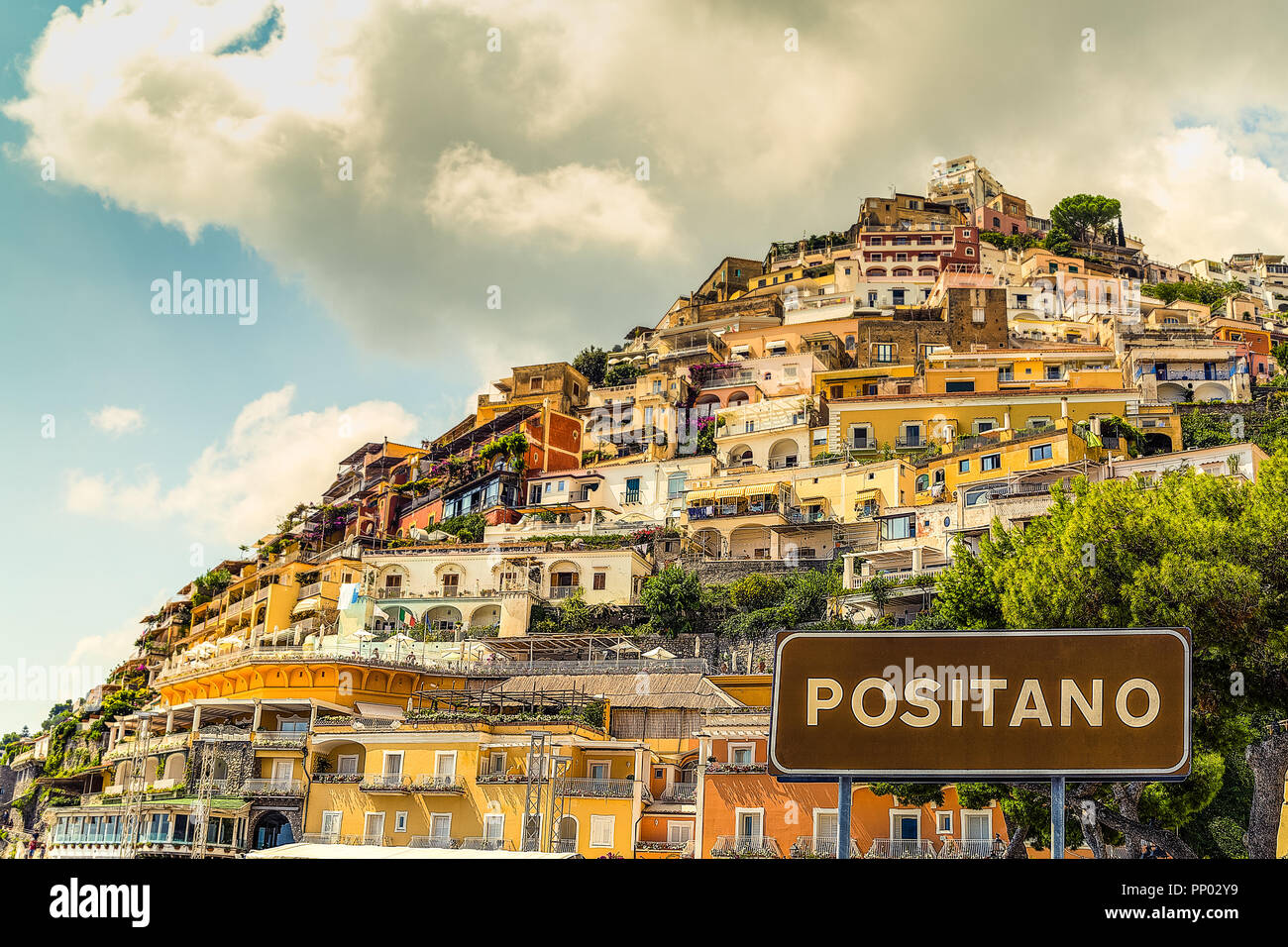 astonishing view of typical houses and colorful buildings of Positano ...