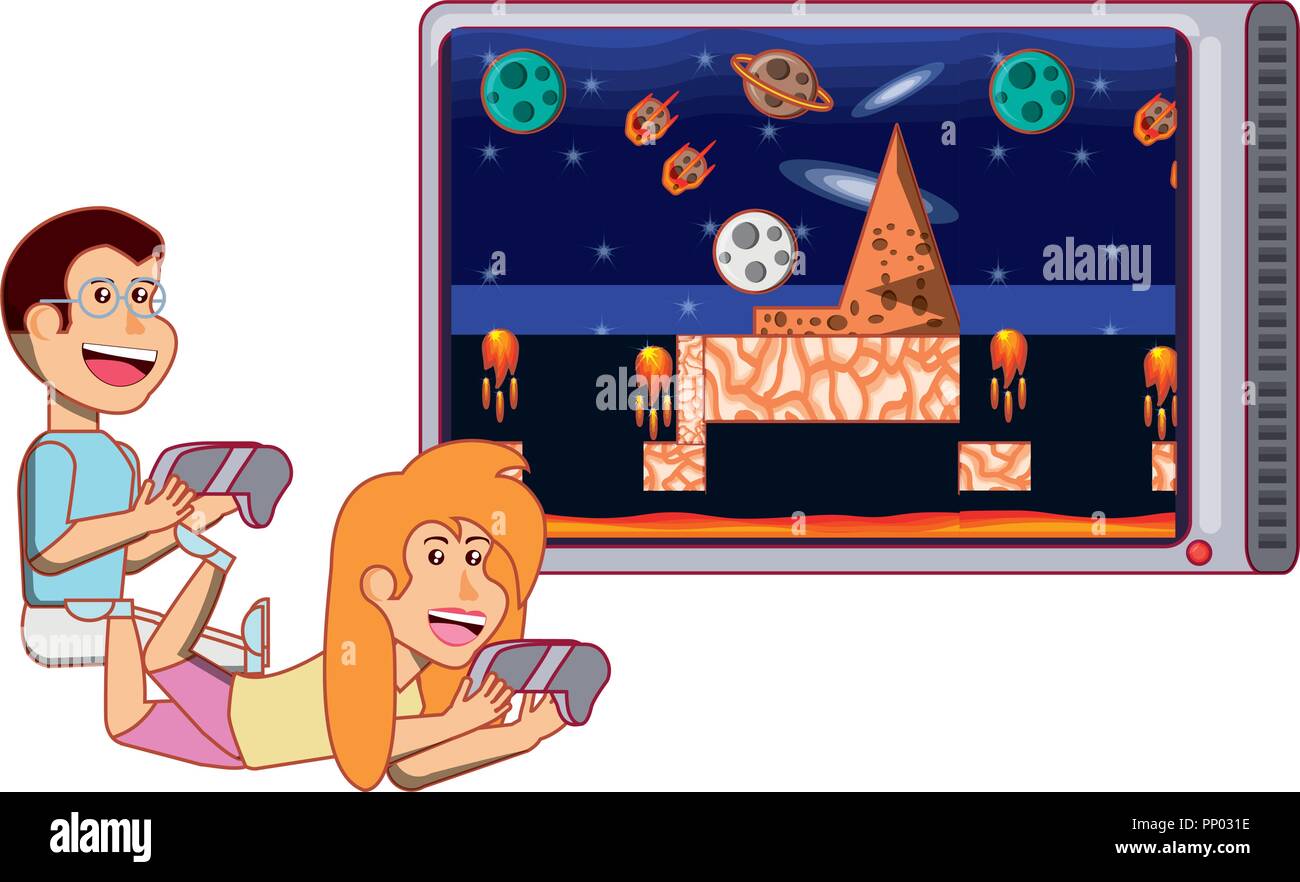 cartoon kids playing videogames over white background, vector ...