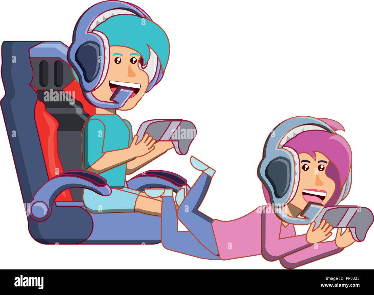 cartoon kids playing videogames over white background, vector ...