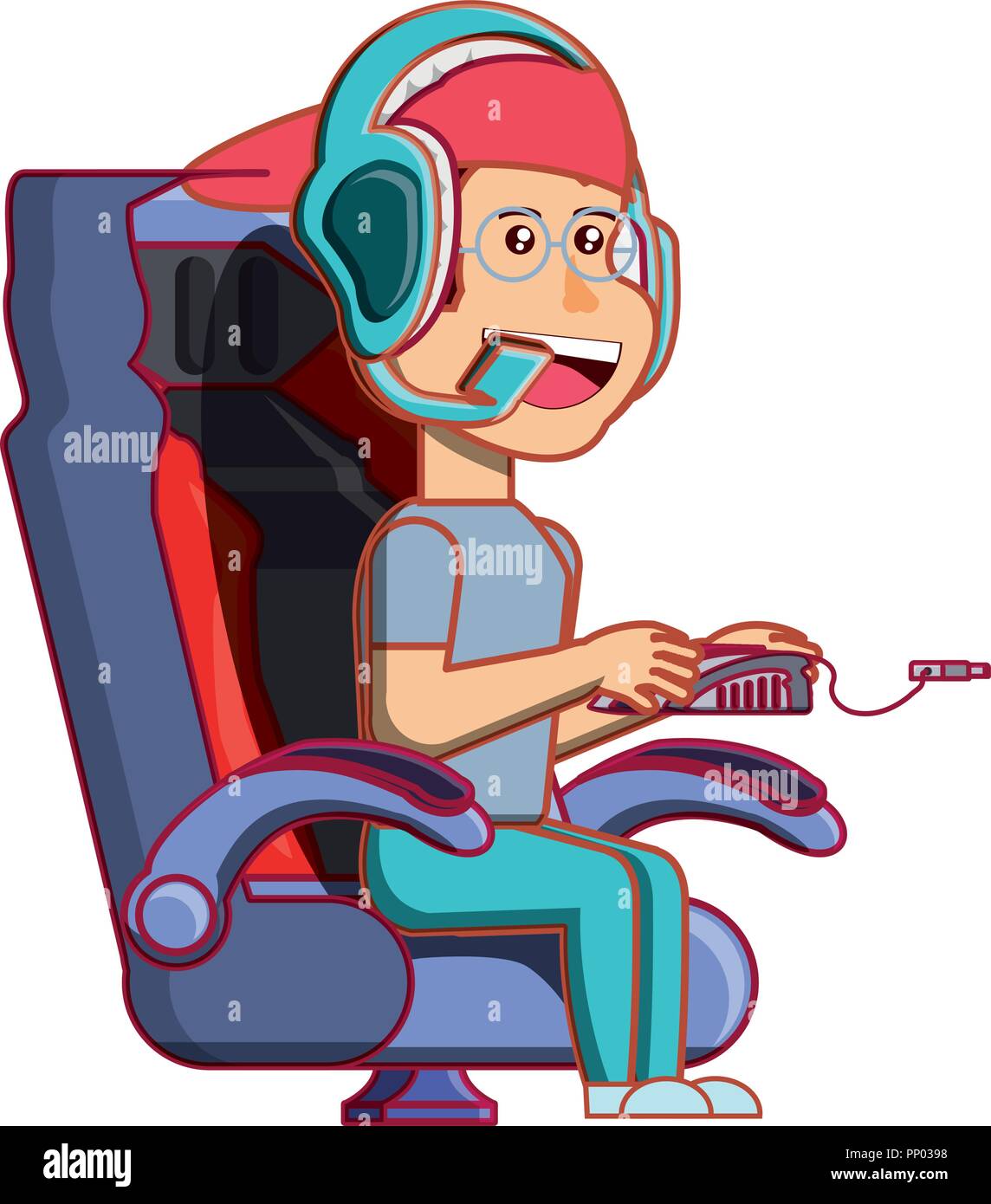 cartoon girl with videogame console and sitting on gaming chair over ...