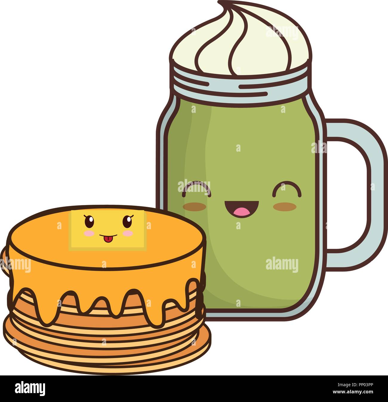kawaii pancakes and milkshake over white background, vector ...