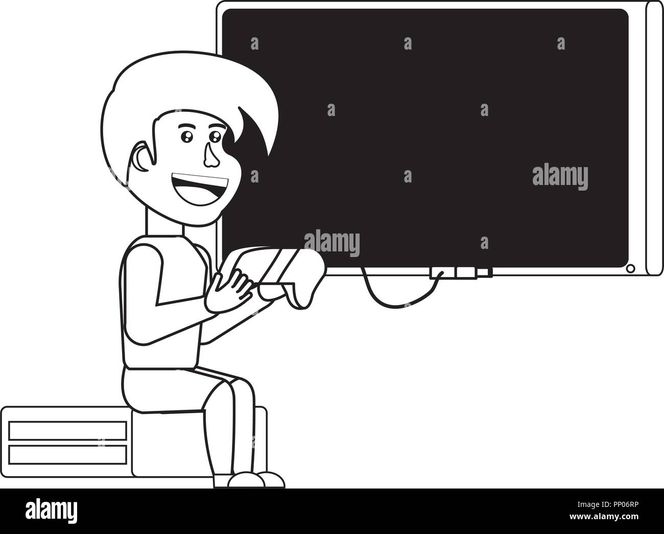 cartoon boy playing videogames on television over white background ...