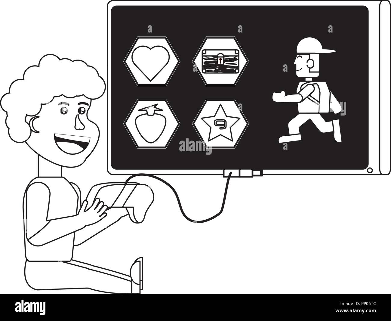 cartoon woman playing videogames on television over white background ...