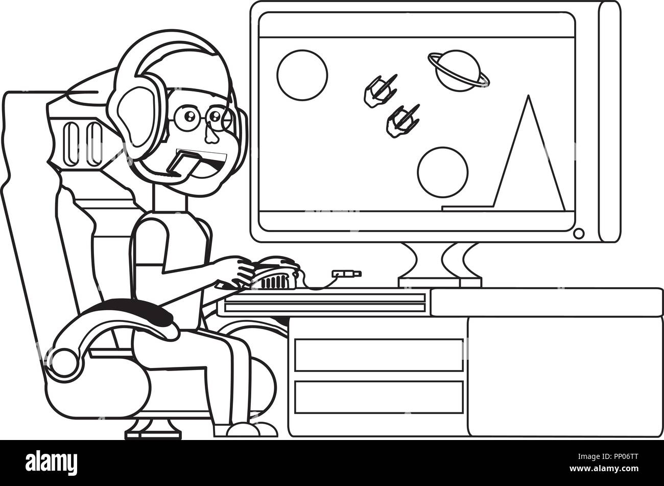 cartoon boy playing videogames on television over white background ...