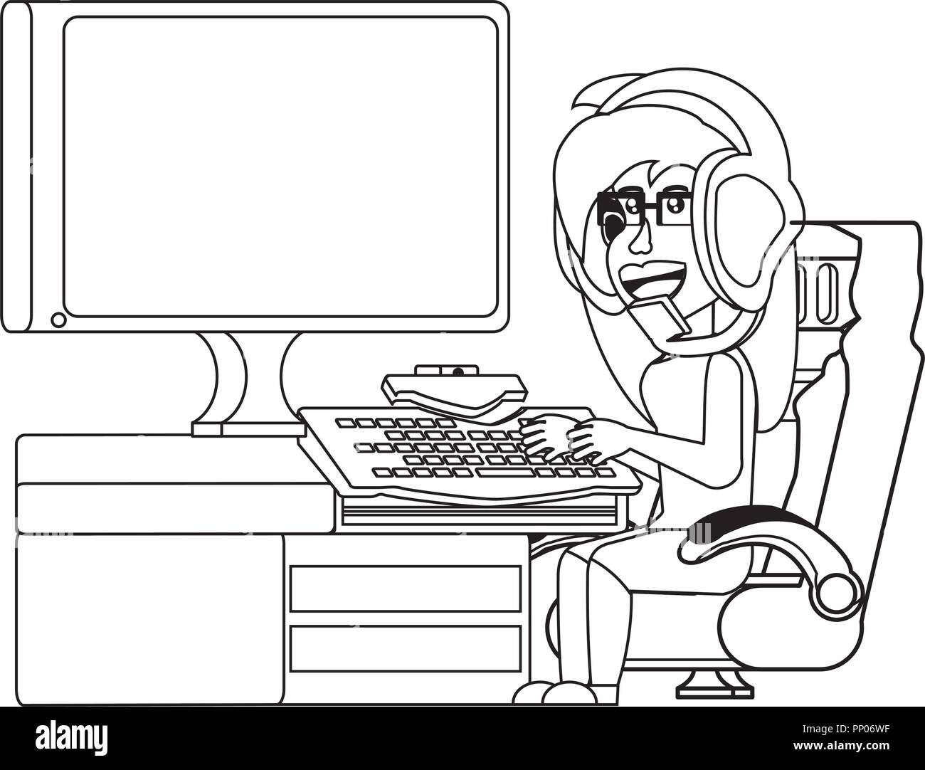 cartoon woman playing videogames on computer over white background ...