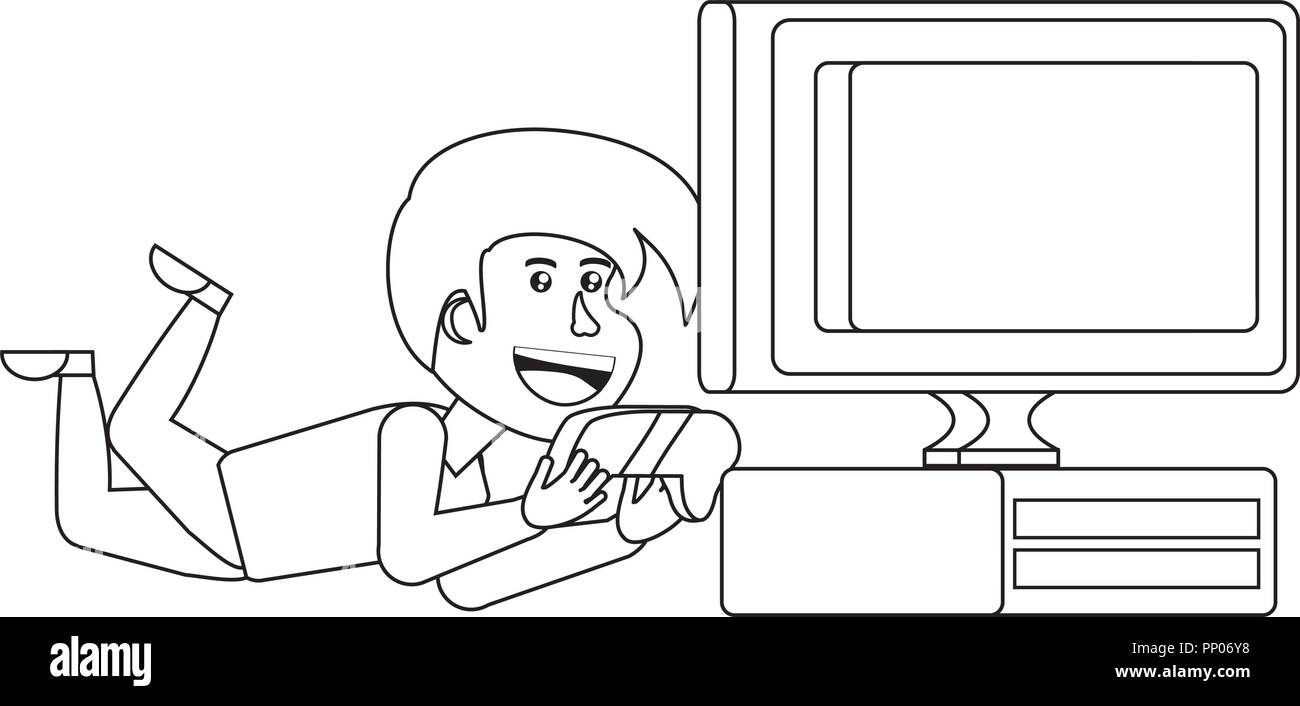 cartoon boy playing videogames on television over white background ...