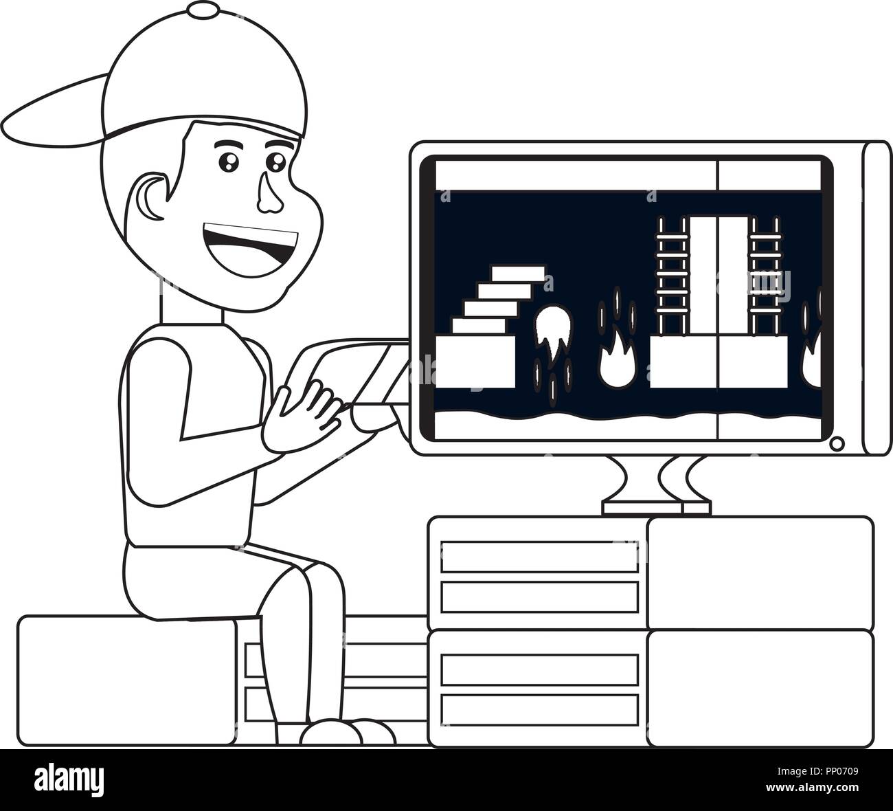 cartoon boy playing videogames on television over white background ...