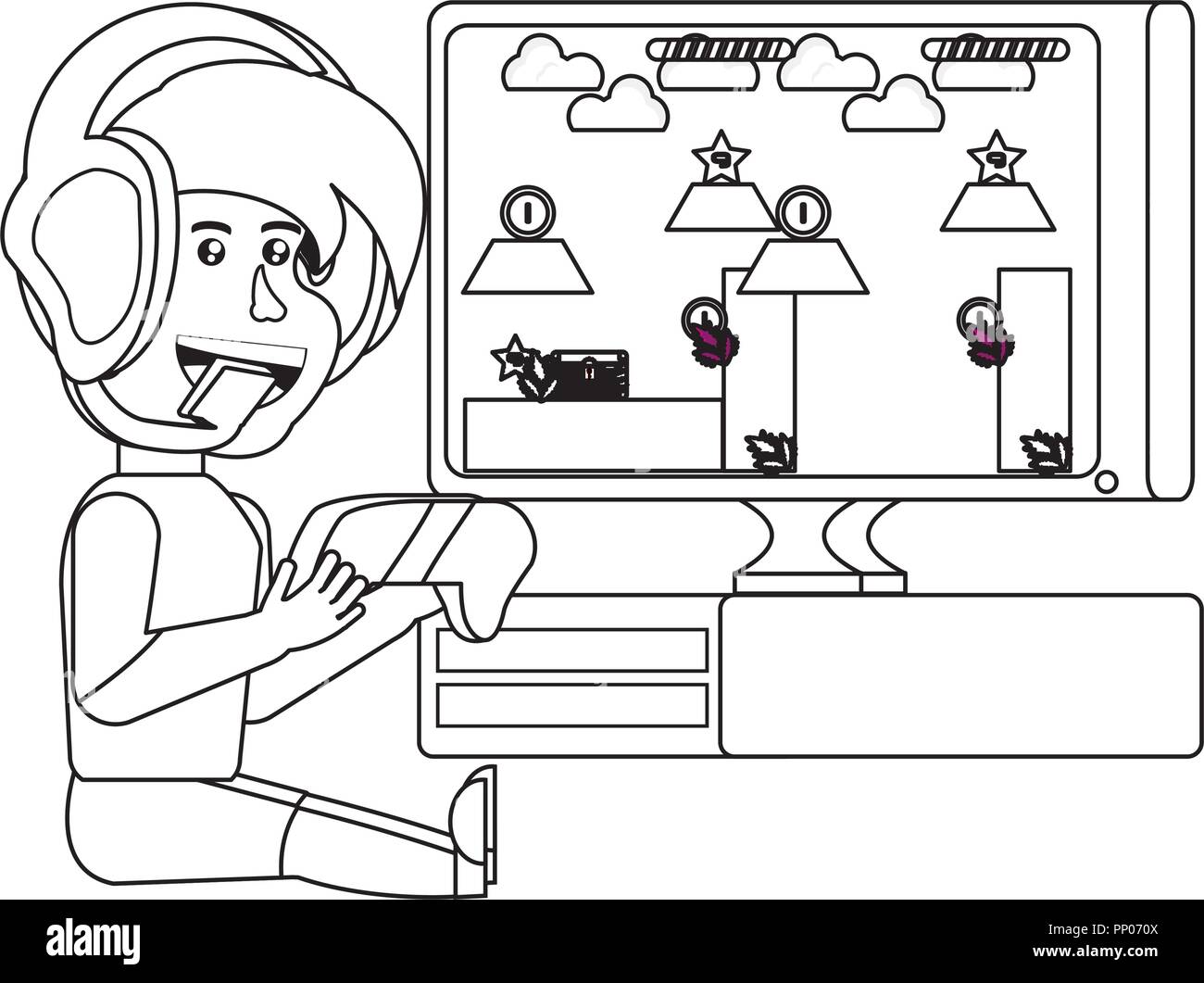 cartoon woman playing videogames on television over white background ...