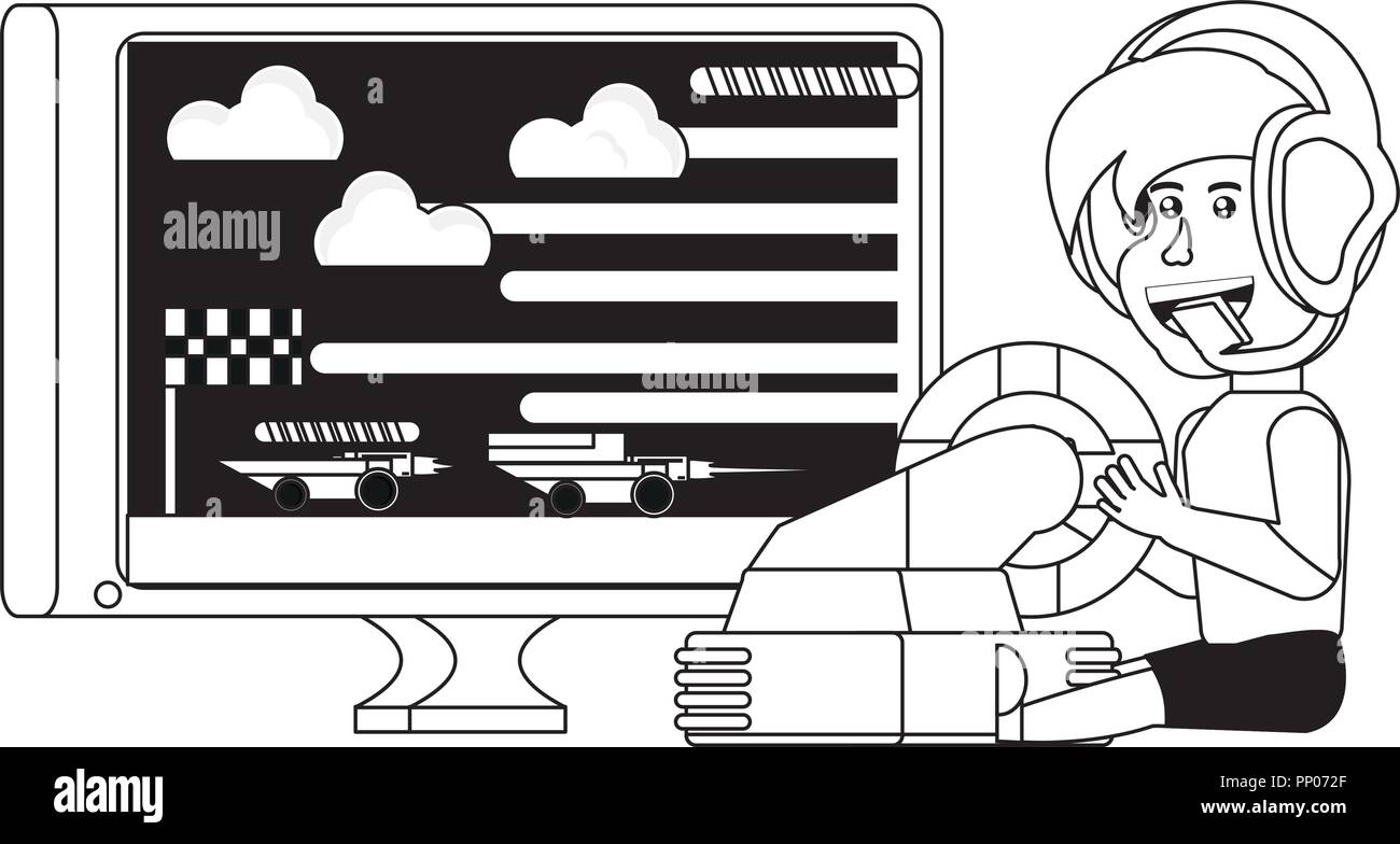 cartoon girl playing videogames and sitting on gaming chair over white ...