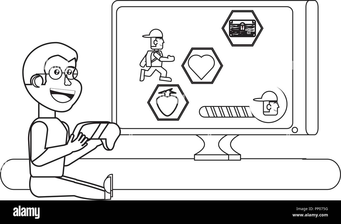 cartoon boy playing videogames on television over white background ...