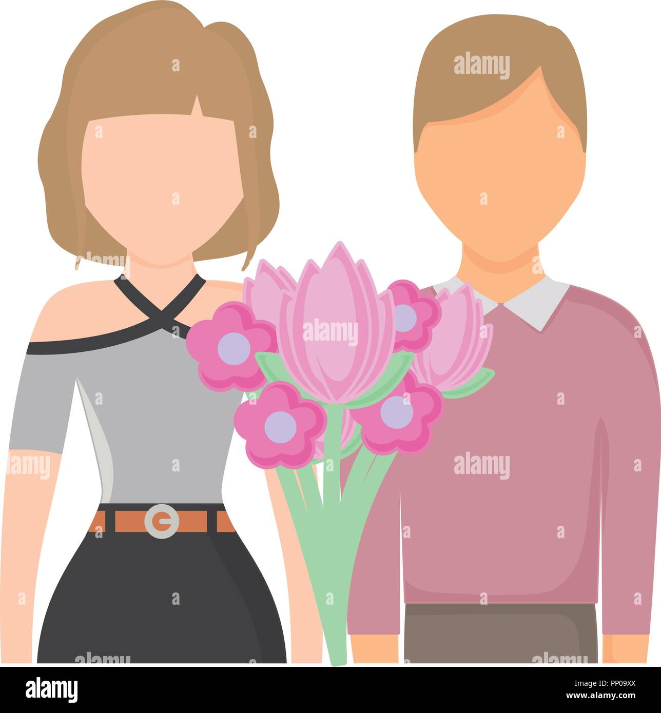 avatar couple with flowers bouquet over white background, vector ...