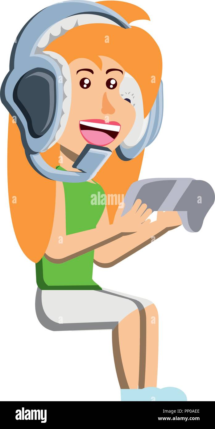 cartoon girl with headset over white background, vector illustration ...