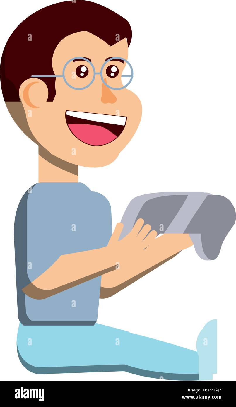 cartoon boy with gaming controller over white background, vector ...