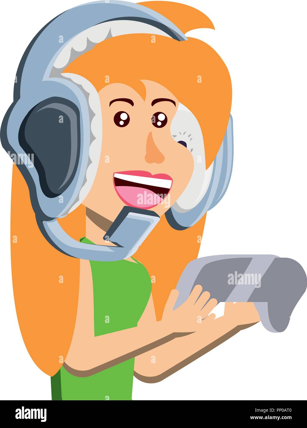 cartoon girl with headset over white background, vector illustration ...