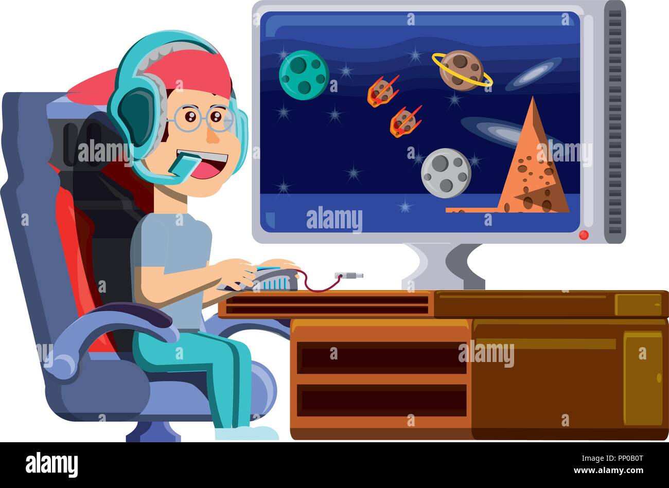 cartoon boy playing videogames on television over white background ...