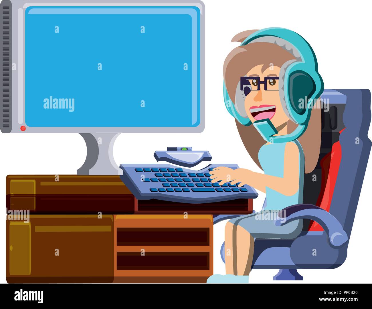 cartoon woman playing videogames on computer over white background ...