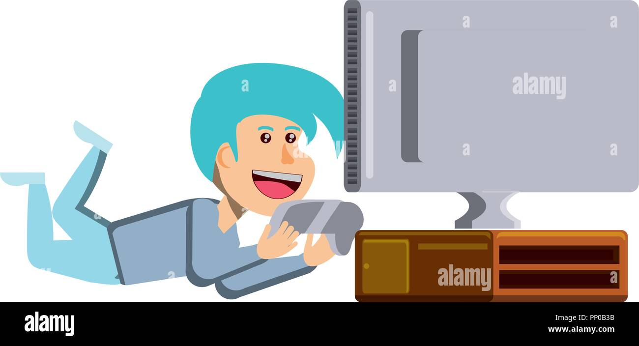 cartoon boy playing videogames on television over white background ...