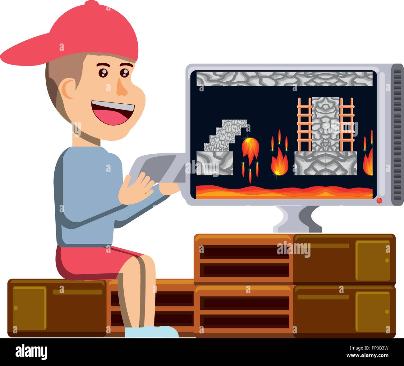 cartoon boy playing videogames on television over white background ...