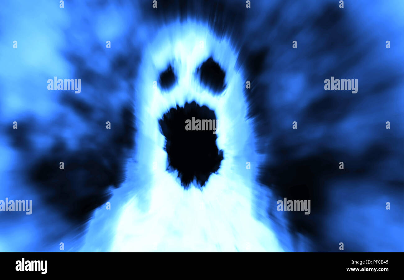Scary ghost character face. Genre of horror. Blue background color ...