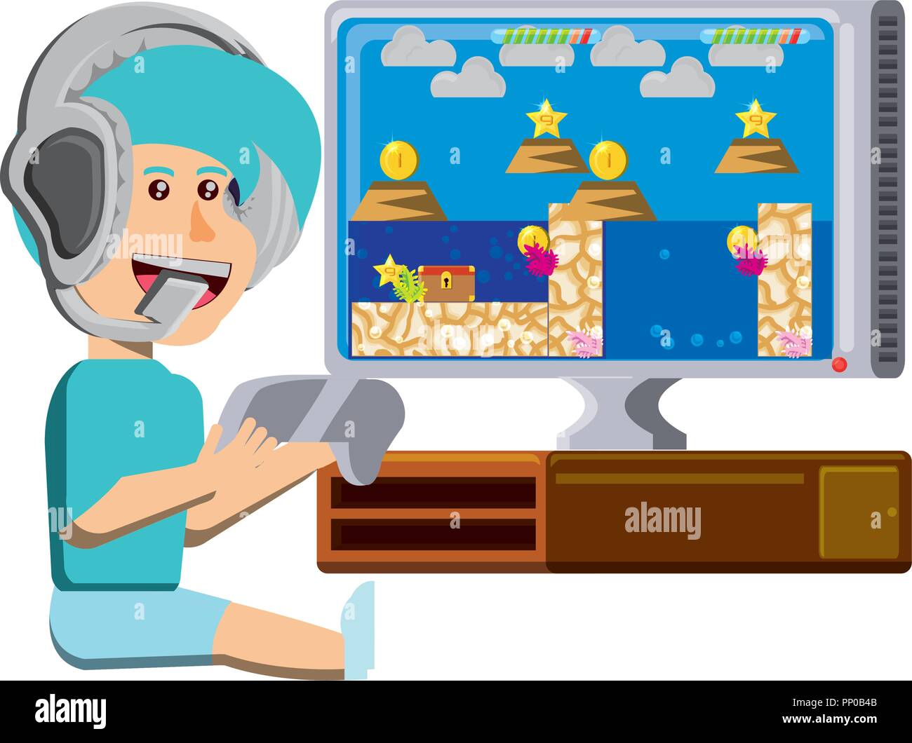 cartoon woman playing videogames on television over white background ...