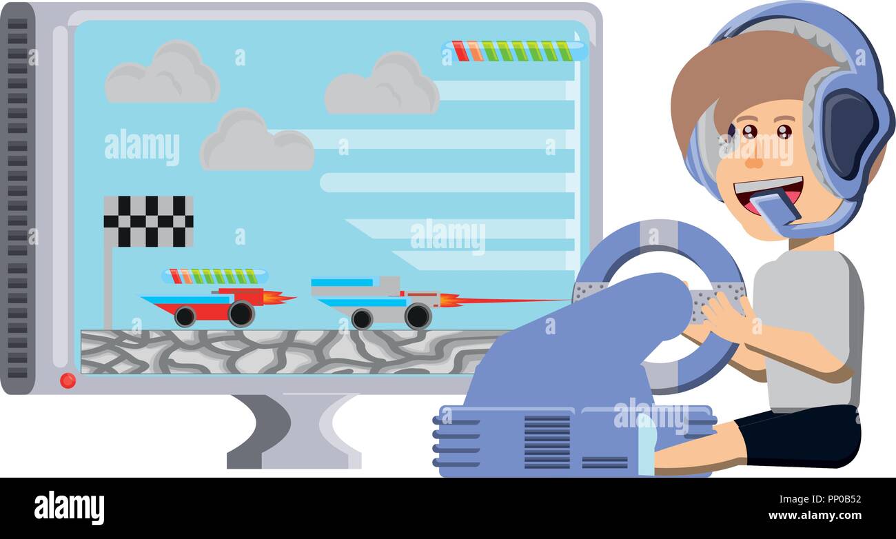 cartoon boy playing videogames on television over white background ...