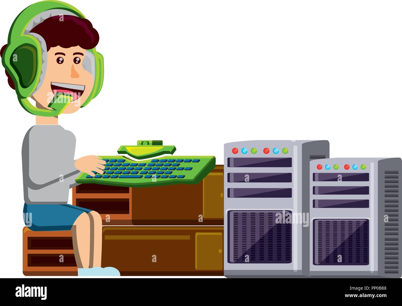 cartoon boy playing videogame with keyboard and headset over white ...