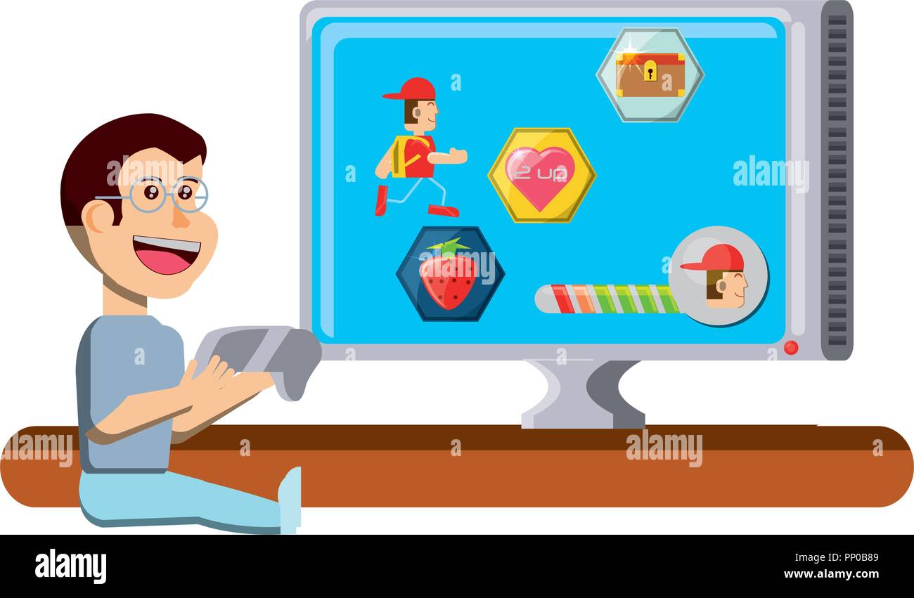 cartoon boy playing videogames on television over white background ...