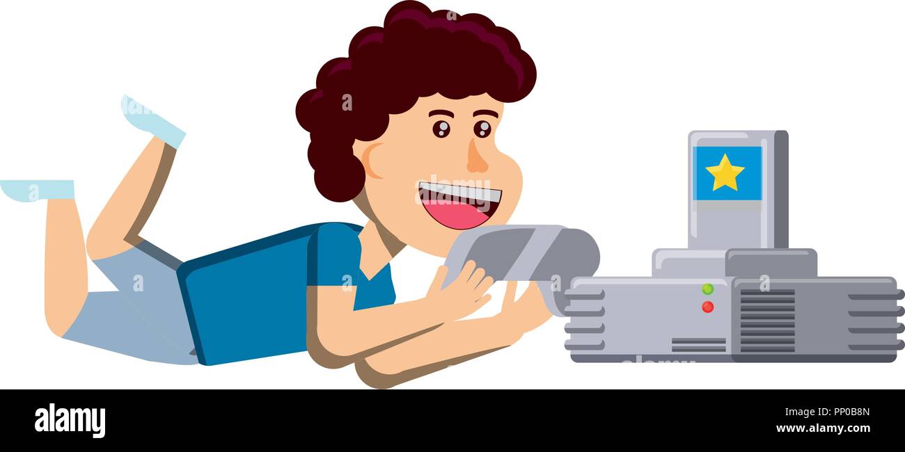 cartoon boy with videogame console and controller over white background ...